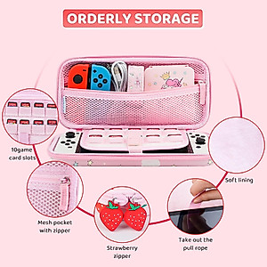 RHOTALL Case Compatible with Nintendo Switch & Switch OLED, Carrying Case with Game Case, Shoulder Strap, Cute Protective Hard Portable Travel Shell Pouch for Switch Accessories (for Pink)