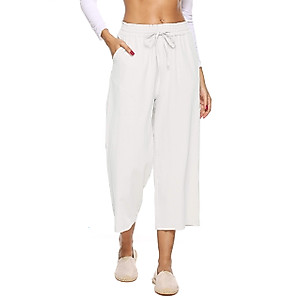 LNX Womens Linen Pants High Waisted Wide Leg Drawstring Casual Loose Trousers with Pockets (Medium, White)
