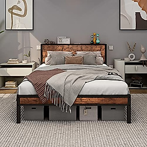 DUMEE Full Size Bed Frame with Wood Storage Headboard, Metal Platform Bed Frames Full, No Box Spring Needed, Noise Free, Reinforced Strong Support Leg, Textured Black&Brown Oak