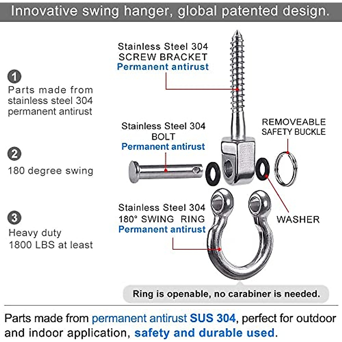 BeneLabel Set of 6 Permanent Antirust Stainless Steel 304 Screw Bracket Heavy Duty Swing Hanger 1800LB Capacity, Indoor Outdoor Playground Yoga Hammock Chair Sandbag Punching Bag, Hardware Swing Sets