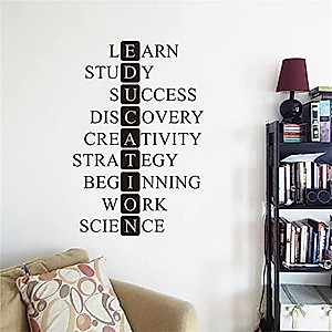 Education Words Quotes Wall Decal Study Room Learn School Wall Sticker Classroom Decor Motivational Education Quote Vinyl Wall Art Murals TM-17 (Black)
