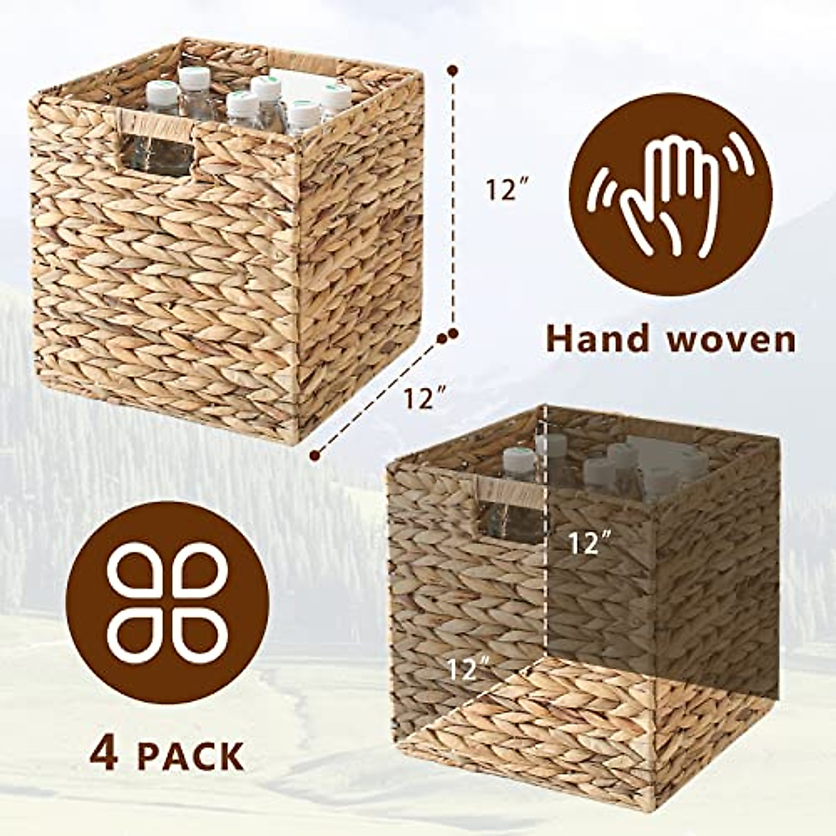 VK Living Foldable Handwoven Water Hyacinth Storage Baskets Wicker Cube Baskets Rectangular Laundry Organizer Totes for Bedroom, Living Room,Nursery Room, Shelves, Pantry 4 Pack 11.8x11.8x11.8inch