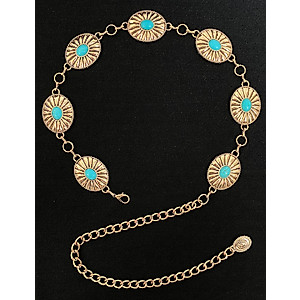 BEMYLV Turquoise Concho Belts for Women Western Gold Cowgirl Metal Belt Boho Waist Chains Dresses Jeans