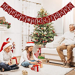 Plaid Happy Holidays Banner Burlap Christmas Rustic Bunting Banner for Christmas Hanging Decorations