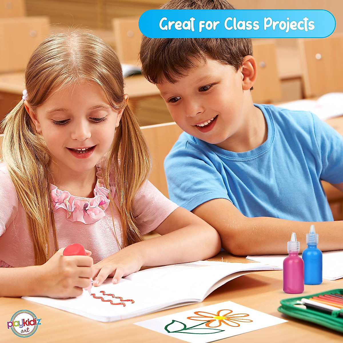 Playkidiz Puff Paint, 6 Pack 3-D Fabric Paint, Metallic Colors, Permanent Non-toxic Paint Set for Kids, Ages 3+