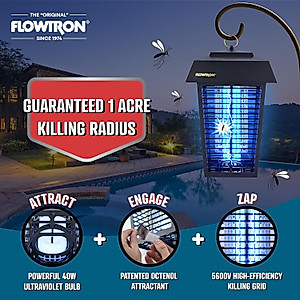 Flowtron Bug Zapper, 1 Acre of Outdoor Coverage with Powerful 40W Bulb & 5600V Instant Killing Grid, Mounting Bracket For Bug Zapper, Mosquito Attractant Cartridge & Replacement UV Bulb For Bug Zapper