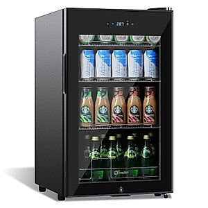 COLOZO 17 Inch Freestanding Beverage Refrigerator Cooler, 96 Cans Mini Fridge with Glass Door, Removable Shelves for Soda, Water, Beer or Wine, Small Drink Refrigerator for Home Office Bar