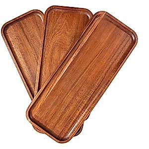 Solid Acacia Wood Serving Trays (14 x 5.5 inches) Rectangular Wooden Serving Platters for Home Decor, Food, Vegetables, Fruit, Charcuterie, Appetizer Serving Tray, Cheese Board (Set of 3 Plates)