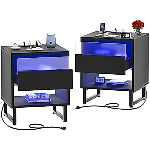 LED Nightstands Set of 2 with Charging Station, Black Night Stand Set 2 with Charger Station, Bed Side Tables Bedrooms Set of 2, Modern Night Stand Bedside Table Set of 2 with a Big Capacity Drawer