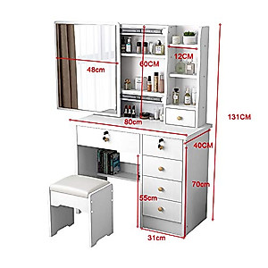 Saicheng White Makeup Vanity Set with Sliding Lighted Mirror ,Dressing Table with 5 Storage Drawers Shelves , Dresser Desk & Cushioned Stool Set for Bedroom