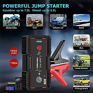 FOWAWU Car Jump Starter 1500A Peak 18000mAh Portable Jump(Up to 7.0L Gas and 5.5L Diesel), Battery Car Jump Battery Booster Pack with Smart Safety Jumper Cable, LED Light USB DC 12V Output