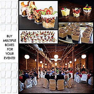 DLux 50 x 5 oz Mini Dessert Cups with Spoons, Square Large - Clear Plastic Parfait Appetizer Cup - Small Reusable Serving Bowl for Tasting Party Desserts Appetizers - With Recipe Ebook