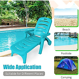 Moccha Plastic Folding Lounge Chair, 5-Position Adjustable Chaise Lounge with 2 Rolling Wheels, Armrest, Outdoor Chaise Chair for Patio, Beach, Backyard, Poolside, Home (1, Turquoise)