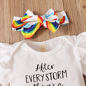 Infant Newborn Baby Girl Outfits Ruffle Letter Print Short Sleeve Romper Rainbow Skirts Set Floral Summer Clothes 3Pcs (White, 0-3M, 0_Month), 0-3 Months