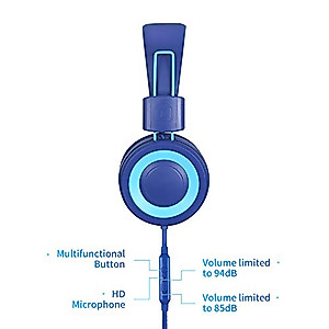POWMEE P10 Kids Headphones with Microphone Stereo Headphones for Children Boys Girls,Adjustable 85dB/94dB Volume Control Foldable On-Ear Headphone with Microphone for School/PC/Cellphone(Blue)
