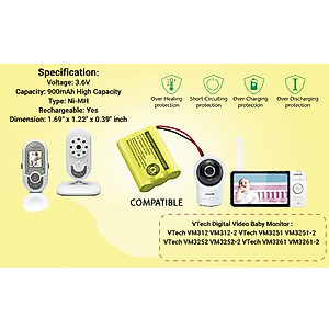 WirelessFinest 900mAH Battery Replacement Rechargeable for VTech Video Baby Monitor BT207695 VM312 VM3251 VM3252 VM3261 Digital Video Baby Infant Monitor Radio Repair Power Issue