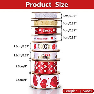 Valentine's Day Ribbons Heart Ribbons Craft Satin Overlocked Ribbons for Gift Wrapping Wedding Birthday Party Decorations DIY Supplies, 8 Rolls x 5 Yards, Total 40 Yards