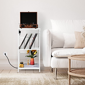 Record Player Stand, Turntable Stand with Power Outlet Side Table with Charging Station Vinyl Player Stand with Storage Record Player Table with Album Storage White for Living Room Bedroom