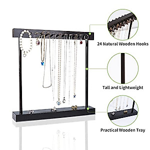 MUGFILWJ hanging Jewelry Organizer with 24 Hooks and Pedestal Tray High Wooden Jewelry Display Stand for Necklaces Earrings Bracelets Rings Bangles Watches Storage Holder for Women Girls Black