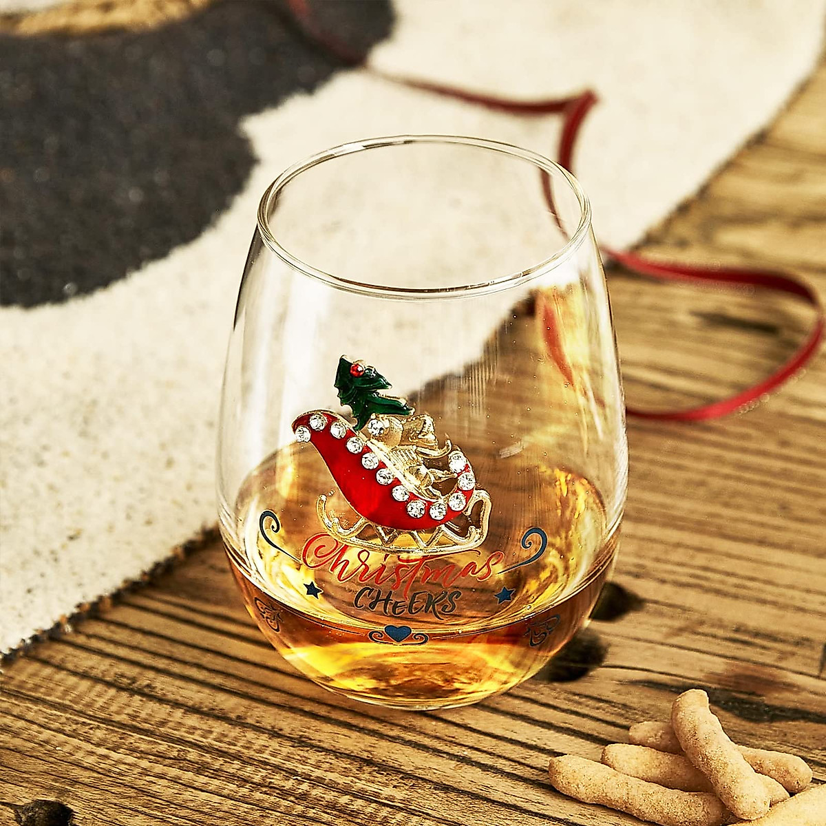 Crystal Christmas Santa's Sleigh Wine & Water Glasses - Set of 2, 17.5oz - Xmas Diamond New Years Santa Holiday Festive Theme Stemless Glass - New Year Holiday Gifts for Men Women Friend Family