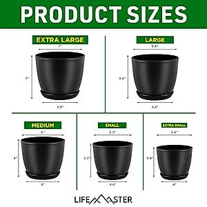 Lifemaster Plant Pots with Multi Drainage Holes - 5 Pieces Versatile, Sturdy Plastic, Stackable Design Home Decor Flower Pots for Indoor and Outdoor Gardening - Black