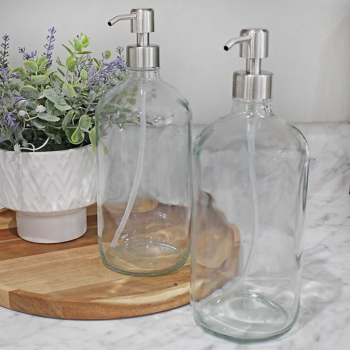 Cornucopia 32oz Glass Pump Bottles with Stainless Steel Pump (2-Pack, Clear); Economy Size Soap Dispenser for Massage Oils, Lotions, Liquid Soaps