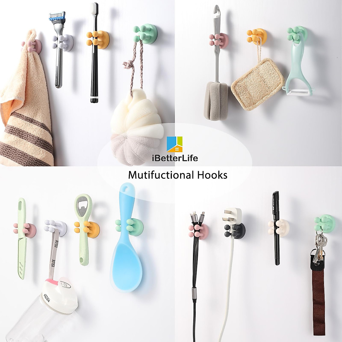 iBetterLife Silicone Toothbrush Holders for Bathrooms - 6Pcs Razor Holder for Shower Wall Mounted Self Adhesive Multifunctional Cute Hook for Kids Hanging Tooth Brush for Kitchen Living Room Office