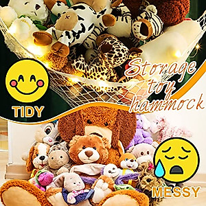 Shappy 2 Pack Stuffed Animal Toy Hammock with LED Light Large Organizer Display Holder Net Boho Corner Hanging Storage 13 Feet String and Hooks for Nursery Bedroom Kids Room Decor