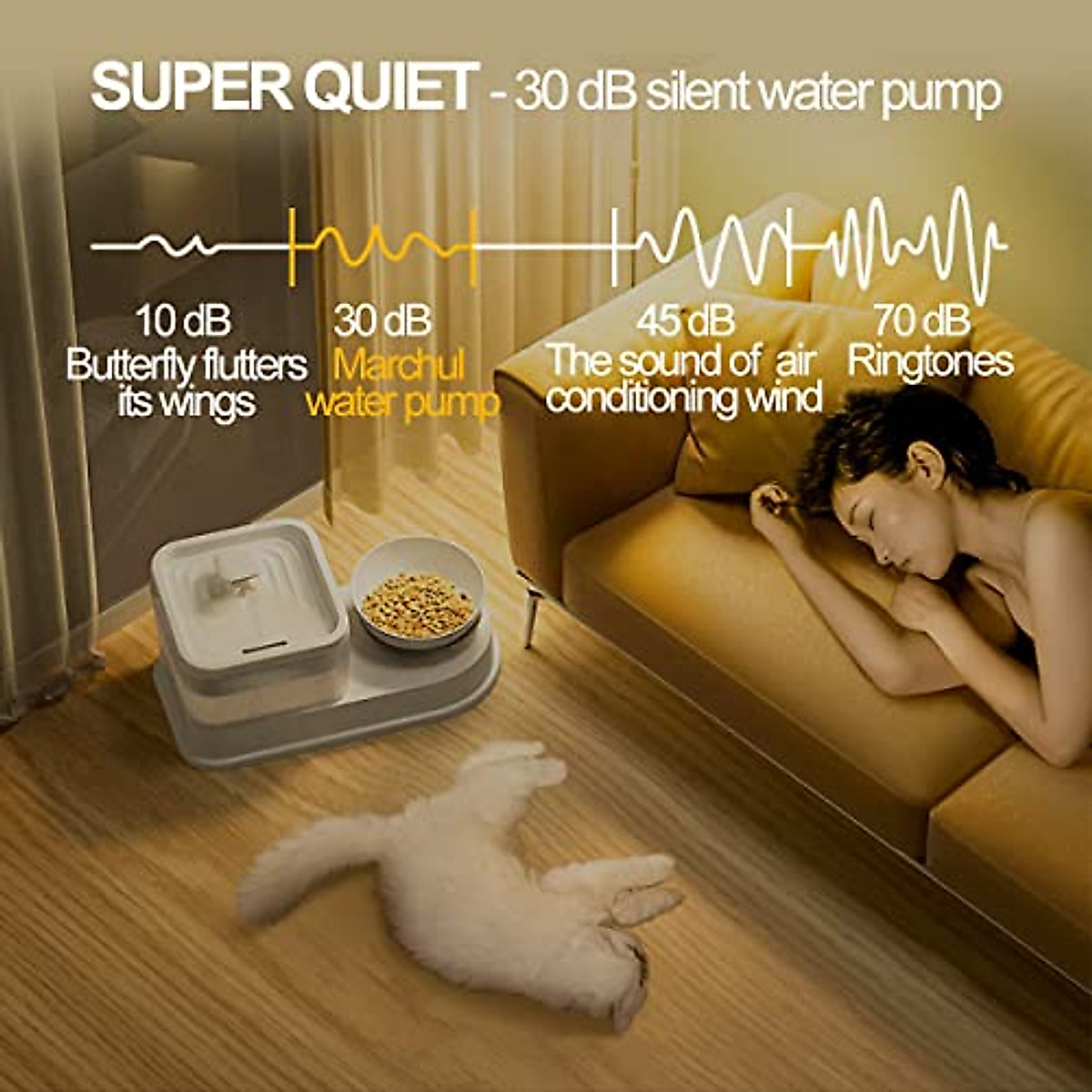 Marchul Cat Water Fountain and Food Bowl - 2L/67oz Pet Water Dispenser with Indicated Light, Smart Pump and 4 Replacement Filters for Cats and Small Dogs