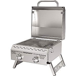 Megamaster Premium Outdoor Cooking 2-Burner Grill, Outdoor Cooking While Camping, Outdoor Kitchen, Patio Garden, Barbecue with Two Foldable legs, Silver in Stainless Steel