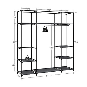 Hzuaneri Closet Wardrobe, 64-inch Portable Closet for Bedroom, 3 Clothes Rail with 9 Compartments Shelves, Freestanding Clothes Storage Organizer for Cloakroom, Black WH0203