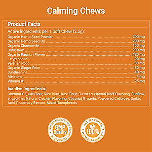 K9 Conquest Calming Chews for Dogs - Anxiety Relief & Stress Reducer with Organic Hemp, Chamomile, Valerian Root, L-Tryptophan, Ginger Root & Melatonin - Anxiety and Stress Calming Treats for Dogs