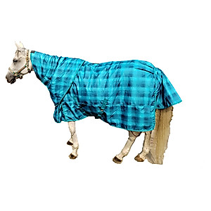 Ankaier 600D Waterproof & Windproof Winter Turnout Horse Blanket with Detachable Neck Hood Covered, High-Grade Thermal Polyfill Materials (250 Grams), Heavy Weight Version- Blue/Grid - 72" inches