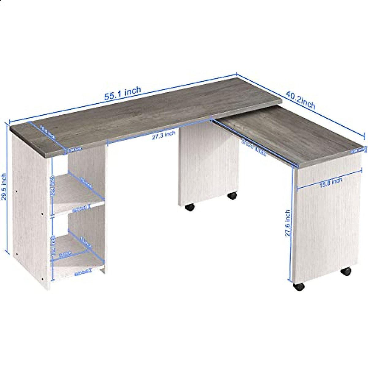 DOSLEEPS L Shaped Desk with Storage 360° Rotating Computer Desk, Modern Wood Entryway Console Table, Home Office Desk,Grey & White.