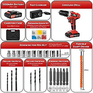 APLMAN Cordless Drill 21V with with Battery Electric Drill Kit 26pcs Accessories 3/8" Drill set All-Metal Chuck 25+1 Torque Setting,2 Variable Speed and LED