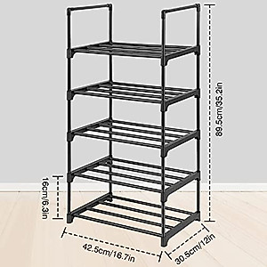 HITHIM 5-Tier Narrow Shoe Racks, Small Stackable Shoe Shelf Organizer,Sturdy Shoe Stand with Armrests, Metal Free Standing Shoe Racks for Entryway, Doorway and Bedroom Closet (Black)