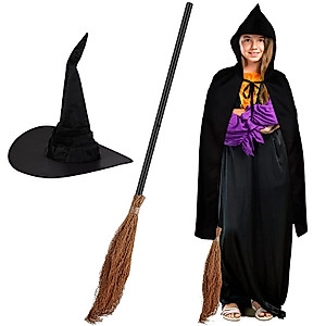 3 Pcs Kids Witch Halloween Cosplay Costume Includes Hooded Long Cloak Large Ruched Halloween Witch Hat Witch Broomstick(Retro)
