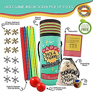 Vintage Metal Jacks Game with Ball - Pick Up Sticks and Metal Jax Game, Travel-Friendly Kids Jacks Game, Giant Game Jax with Dice,Pouch and Instructions, Great Gifts by Happy Jack & Merry
