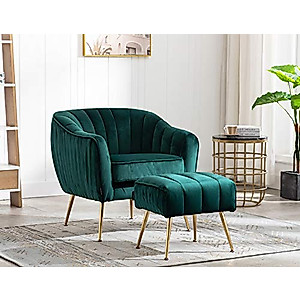 Artechworks Velvet Modern Tub Barrel Arm Chair Upholstered Tufted with Gold Metal Legs Accent Club Chair with Ottoman Footrest for Living Reading Room Bedroom, Green