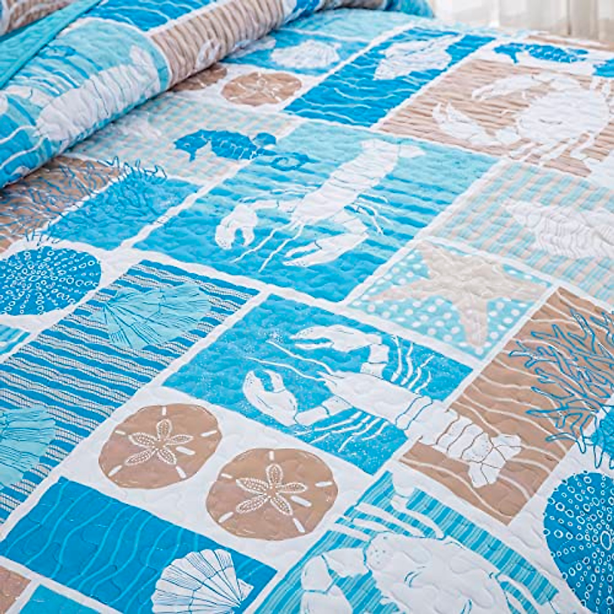 DJY Coastal Quilt Set King Coastal Blue Pattern Quilt Coverlet Set Soft Coastal Patchwork Bedspread with 2 Pillow Shams 3 Pieces Coastal Bedding Quilt Set for All Season 90"x 104"