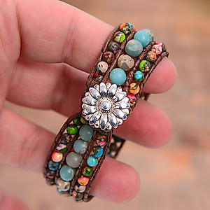 YGLINE Boho Handmade Natural Stone Bead 3 Row Wide Wrap Wrist Statment Bracelet Jewelry Collection (regalite ＆agalmatolite)