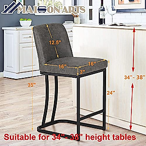 MAISON ARTS Counter Height 24" Bar Stools Set of 3 with Back for Kitchen Counter Modern Upholstered Barstools Faux Leather Farmhouse Bar Chairs Island Stools Support 330LBS, 24 Inch, Grey+Black Frame