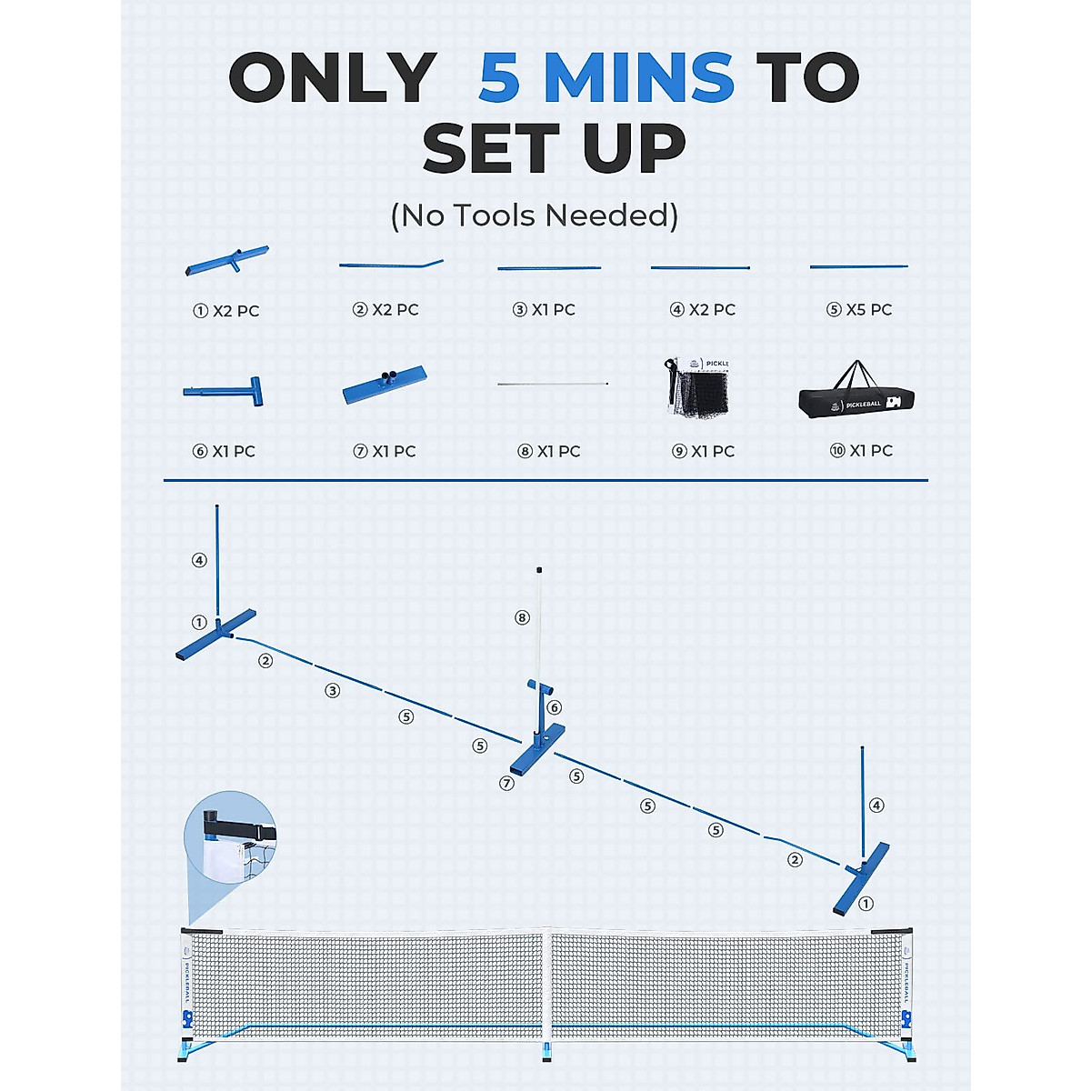 DEERFAMY 22FT Portable Tennis Pickleball Net System, Regulation Size PE Net for Driveway, Designed for All Weather Conditions with Steady Metal Frame and Strong with Carrying Bag