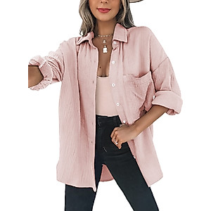 Dokotoo Womens Fashion V Neck Collared Long Sleeve Button Down Shirts Solid Color Cute Basic Pockets Fashion Comfy Loose Fit Boyfriend Fall Blouses Tops for Ladies Pink S