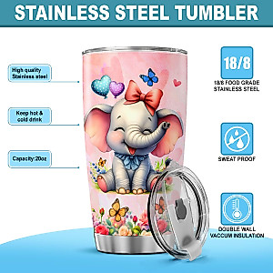 JENOIS Elephant Gifts, Tumbler 20 Oz With Lid And Straw, Floral Flower, Elephant Freaking Love