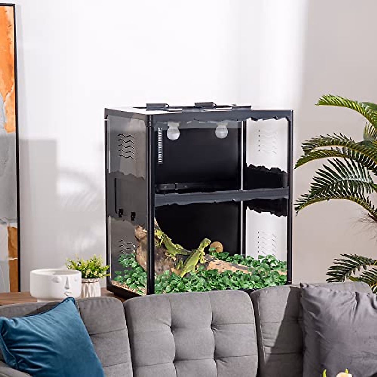 PawHut Reptile Glass Terrarium Tank, Breeding Box with Screen Ventilation, Lamp Holders, Hanging Basin for Lizards, Chameleon, Tortoise, 23.5" x 16" x 28"