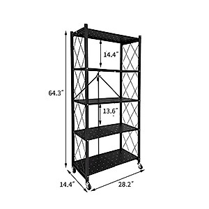 BENOSS Foldable Metal Storage Shelves with Wheels, Heavy-Duty Black Wire Rack Folding Storage Rack No Assembly, for Garage Kitchen Pantry Bedroom