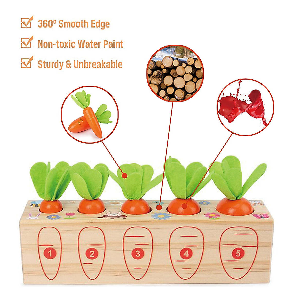 Xylolin Montessori Toys for Toddlers 1-3, Carrots Shapes Sorting and Matching Game Wooden Toys, Fine Motor Skill Early Learning Preschool Educational Toys Gifts for 1 2 3 Year Old Boys Girls