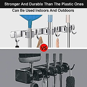2 Packs Broom and Mop Holder Wall Mounted Garage Organizer Storage Tool Racks Heavy Duty Stainless Steel Mop Holder 4 Hooks 3 Clips, Holds up to 14 Tools for Laundry Room Garden Garage Closet Kitchen