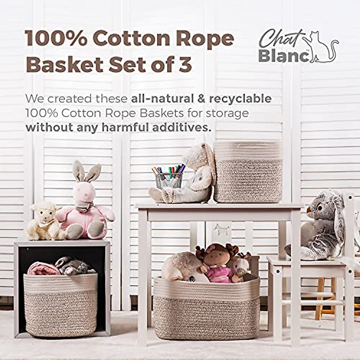 Cotton Rope Basket for Storage | 15"x10"x9" Set of 3 Large Storage Baskets for Organizing with Handles, works as Cloth Baskets, Blanket Basket, Big Woven Laundry Basket or Black Toy Bin like White Wicker Laundry Baskets
